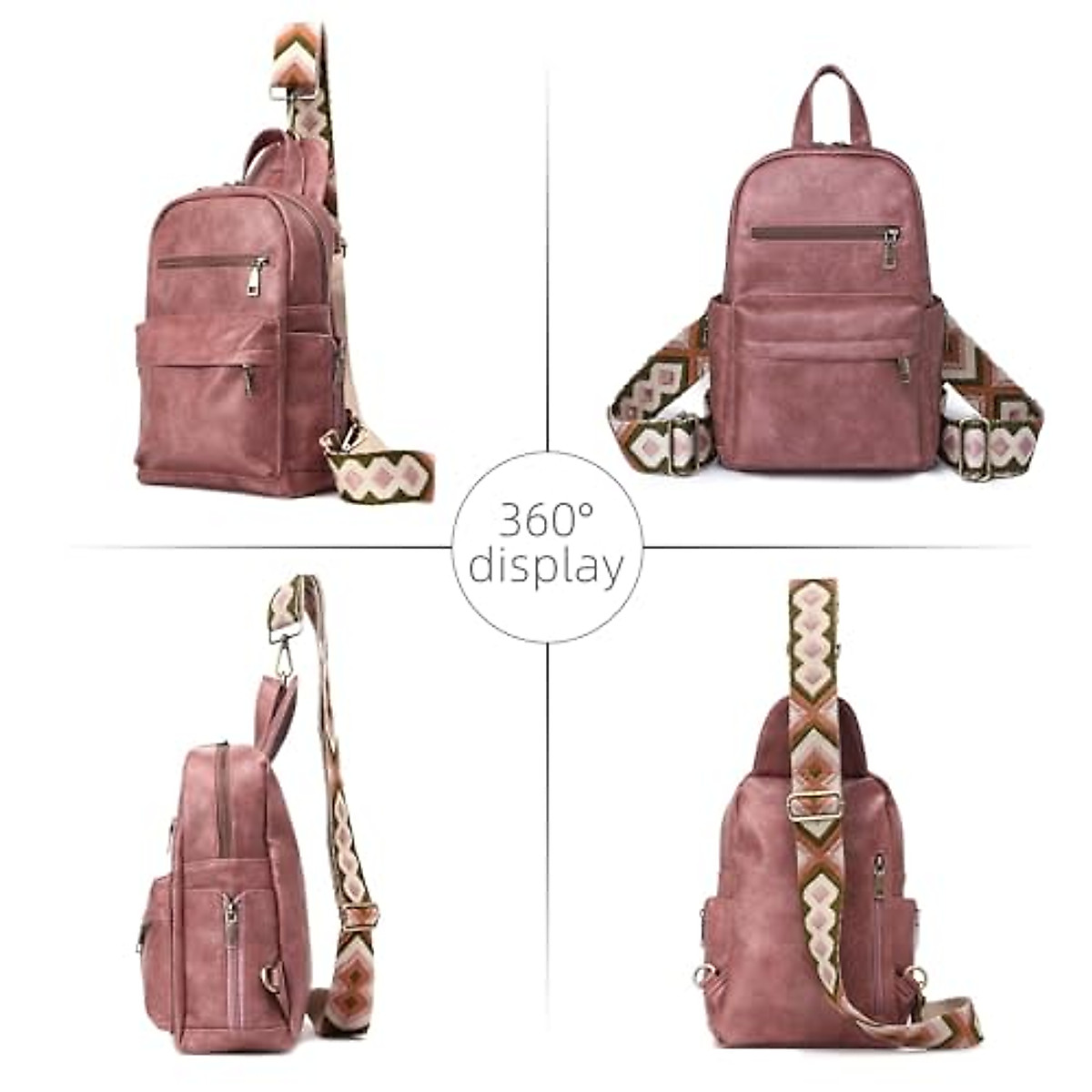 ALUSBELL Vintage Sling Bag Sling Backpack for Men Women, Vegan Leather Crossbody Bag Fanny Packs, Fashion Chest Bag Daypack with 2 Adjustable Straps,Pink