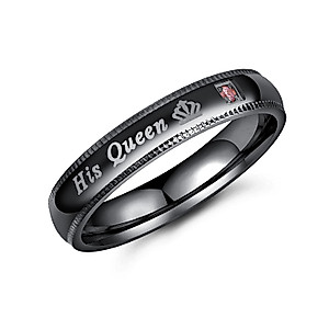 2Pcs His and Her Couples Rings Set His Queen Her King Rings Stainless Steel Wedding Engagement Band Matching Promise Rings for Couple (Black, Men Size 9 & Women 8)