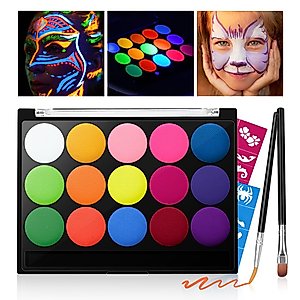 Skymore Glow in The Dark UV Body Paint 15pcs Face Paints for Kids & UV Neon Glow Face Painting Kits with 2 Brushes&Stencils for Halloween and Parties, Washable, Hypoallergenic