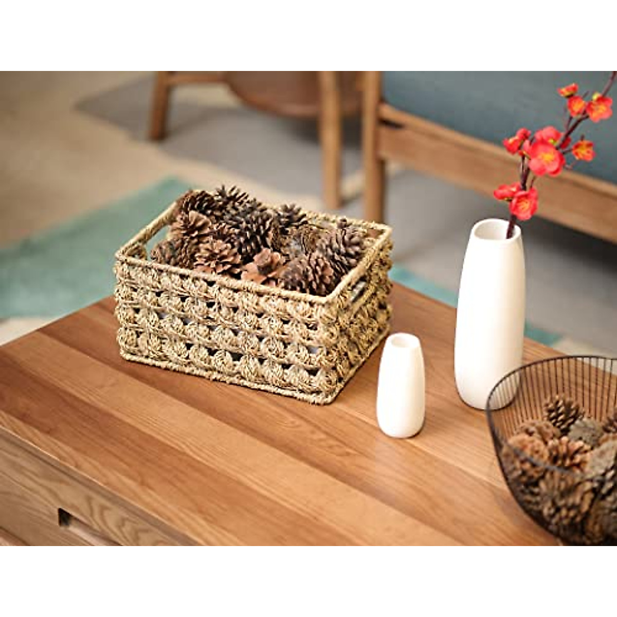 Ellinia Handmade Woven Seagrass Wicker 11.8 x 8.85 x 6.1 Inch Basket for Storage - Bar, Hotel, Pantry, Restaurant, Table Organizer, Bohemian Style, 3-Pack, Natural Seagrass Color