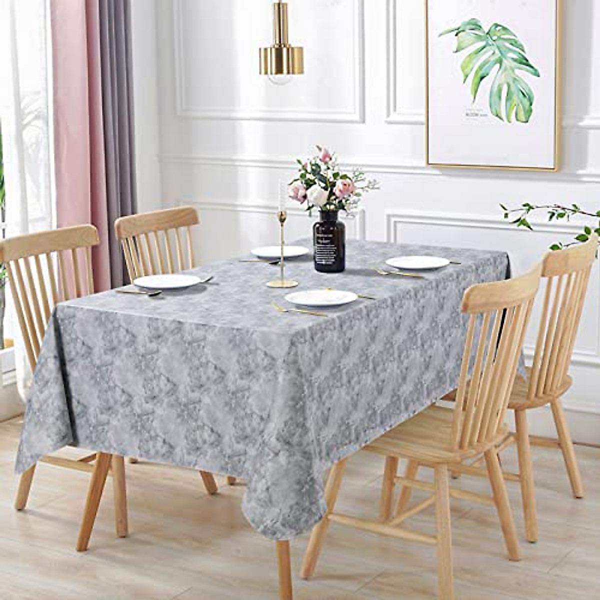 Vonabem 100% Waterproof Rectangle PVC Tablecloth, Vinyl Table Cloth Cover with Flannel Backing Oil Spill Proof Wipeable Table Cloths for Indoor Outdoor (Gray Marble,52X70IN)