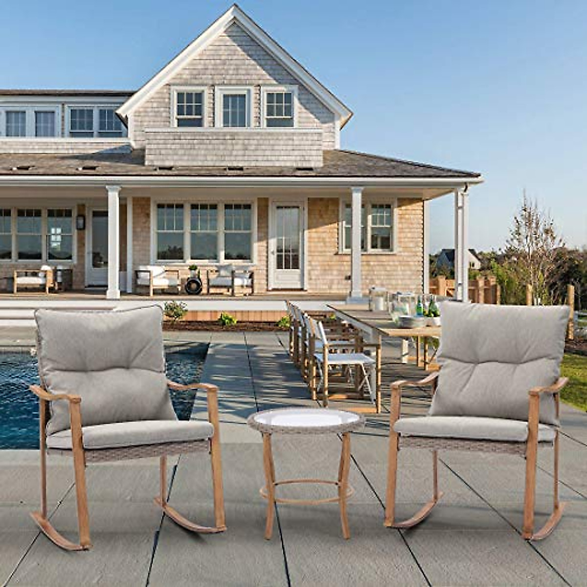 HOMPUS 3-Piece Outdoor Rocking Chairs Bistro Set Wicker Patio Furniture Set Wood Arm Rest Patio Rockes Set w Warm Gray Cushions, Front Porch Rocking Chairs with Glass Coffee Table for Balcony,Garden