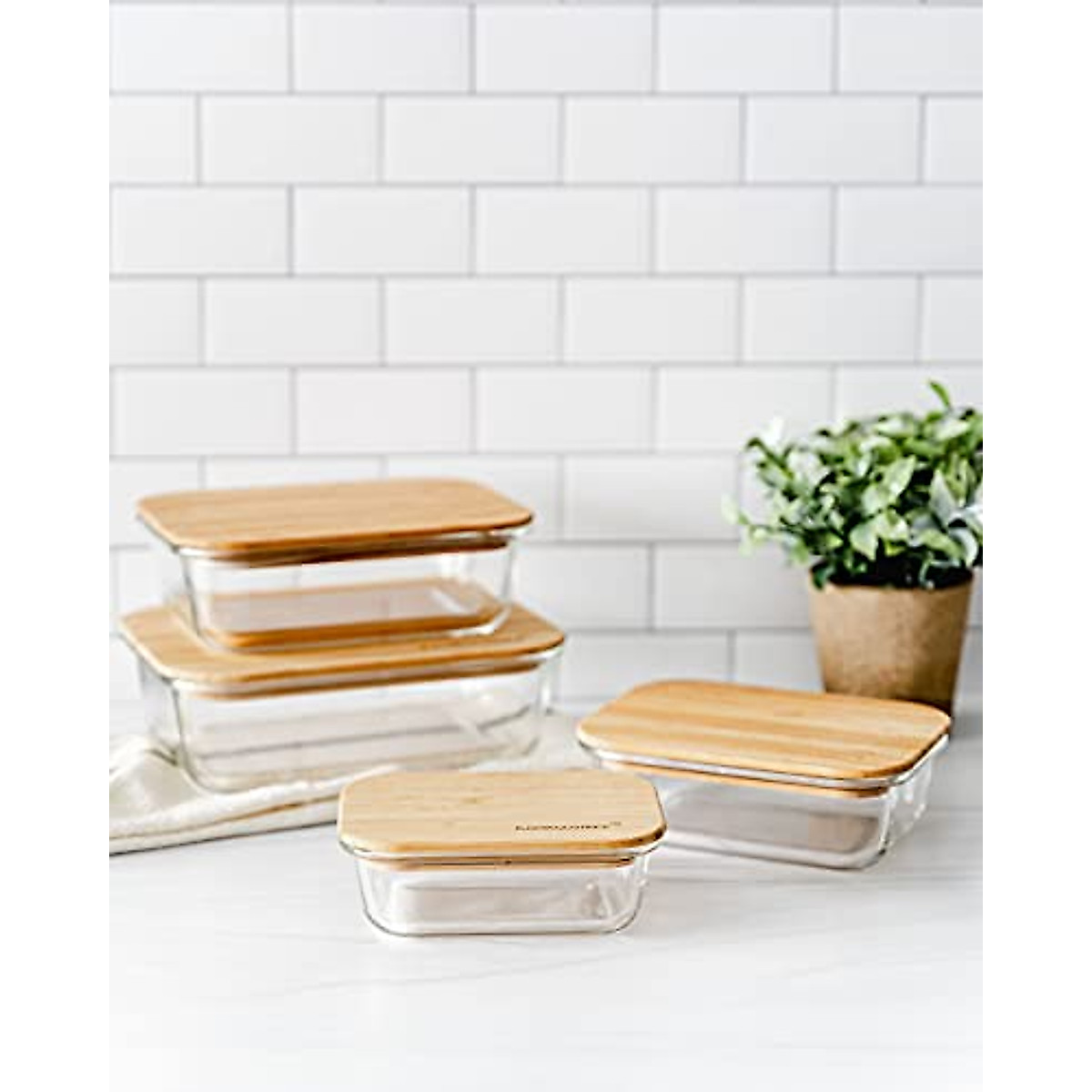 Bambooware Glass Containers with Lids | Non Plastic Glassware Set - Natural Raw Organic Wooden Bamboo Lids | Set of 4 | Reusable, BPA Free | Perfect for Meal Prep, Lunch, Leftovers, Kitchen