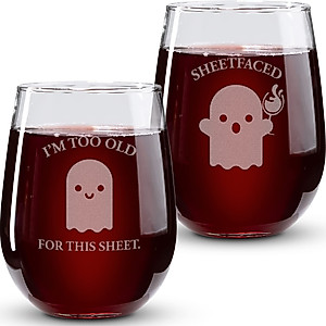 On The Rox Drinks Halloween Wine Glass Gifts for Women - I'm Too Old For This Sheet Sheet Faced 2PC Wine Glass Set - Halloween Cups, Halloween Tumbler, Drinking Glassware - Spooky Ghost Gifts