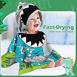 3 Pack Kids Hooded Towel 47 x 24 Inch Baby Beach Bath Towel for Girls Boys Thicker Toddler Swim Towels Ponchos with Hood Cotton Pool Bath Towels Poncho for 1-7 Years (Shark, Dinosaur)