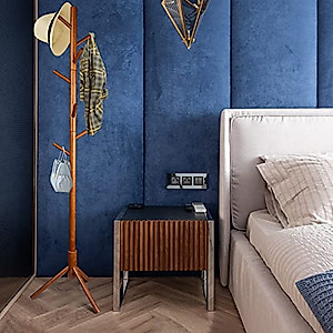 DADILL Wooden Tree Coat Rack with 3 Adjustable Sizes, 8 Hooks, Easy Assembly Free Standing Solid Coat Hanger Stand for Clothes, Garment, Hats, Umbrellas, Scarves in Hallway, Entryway, Dark Walnut