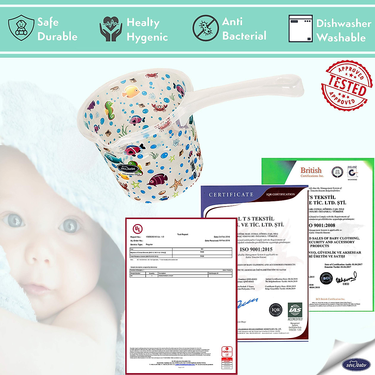 Sevi Baby Bath Rinse Cup, Certified Bath Water Scoop, Baby Shampoo Rinser, Baby Bath Mug Made from BPA-Free Safe Material, (1250 ml / 42.2 oz) - Made in Turkey (Pink) (White)