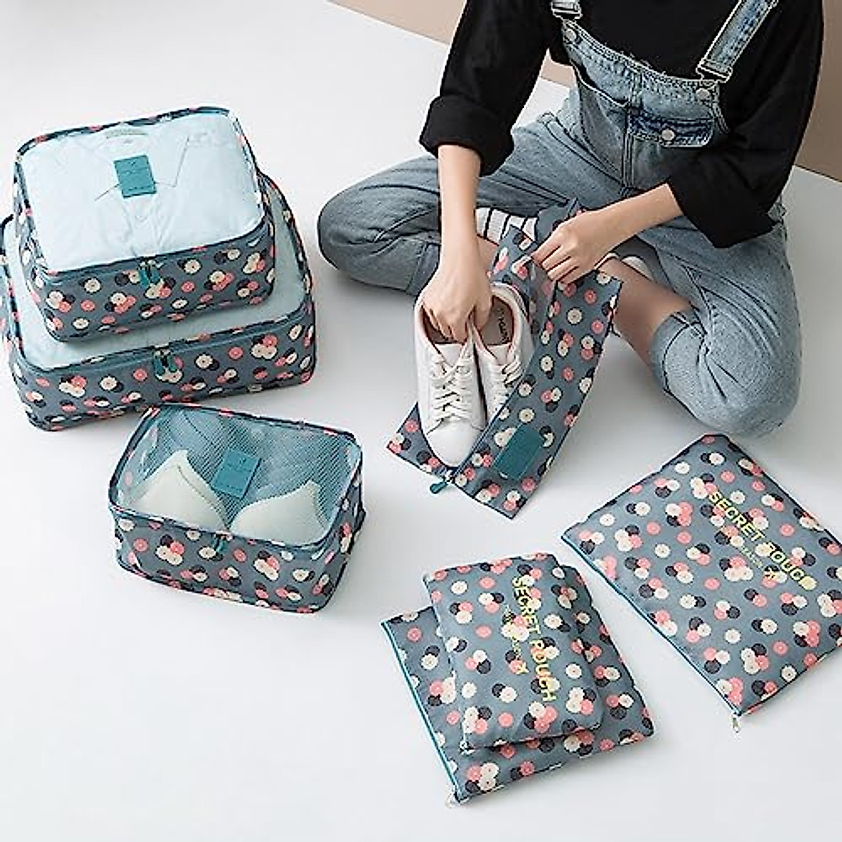 Laebevon 7 Set Packing Cubes with Shoe Bag Travel Luggage Organizer, Blue Flower)