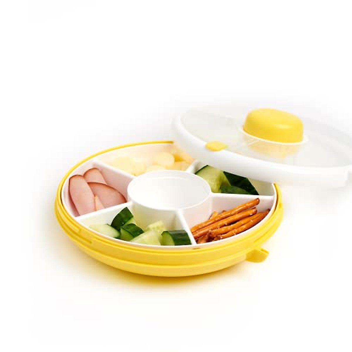 GoBe Kids Snack Spinner Bundle with Hand Strap and Sticker Sheet - Reusable Snack Container with 5 Compartment Dispenser and Lid | BPA and PVC Free | Dishwasher Safe | No Spill, Leakproof