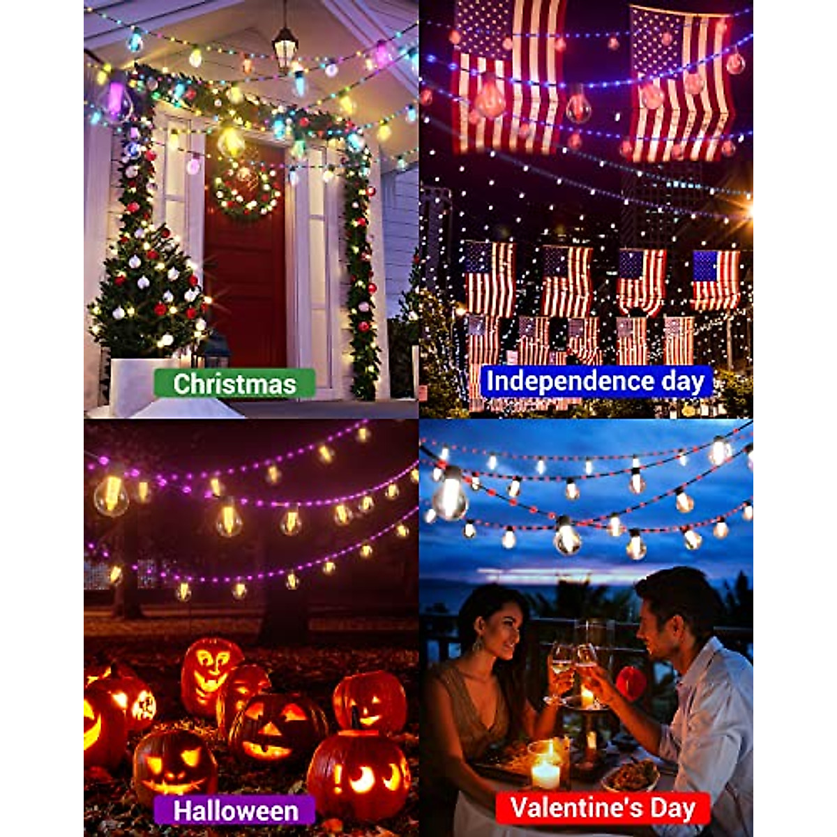 Flacchi 50Ft RGBw Smart String Lights Outdoor with Rope Fairy, Bluetooth APP & Remote Control, Color Changing Dimmable G40 Patio Lights for Balcony, Backyard, Party, Bistro, Holidays