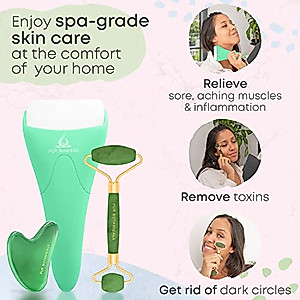 PUR Botanicals - Ice Jade Roller for Face & Eye Puffiness Relief - Therapeutic frozen Facial Massager for Beauty - Homemade Cold depuff Face Roller for Women - Reduce wrinkles and lifting - 3 in 1 Set