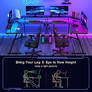 Mr IRONSTONE Gaming Desk with Led Lights ＆Power Outlet, L Shaped Computer Corner Desk with Cup Holder ＆ Headphone Hook, Carbon Fiber Home Office Desks with Large Monitor Stand, Graphite Black, 50''