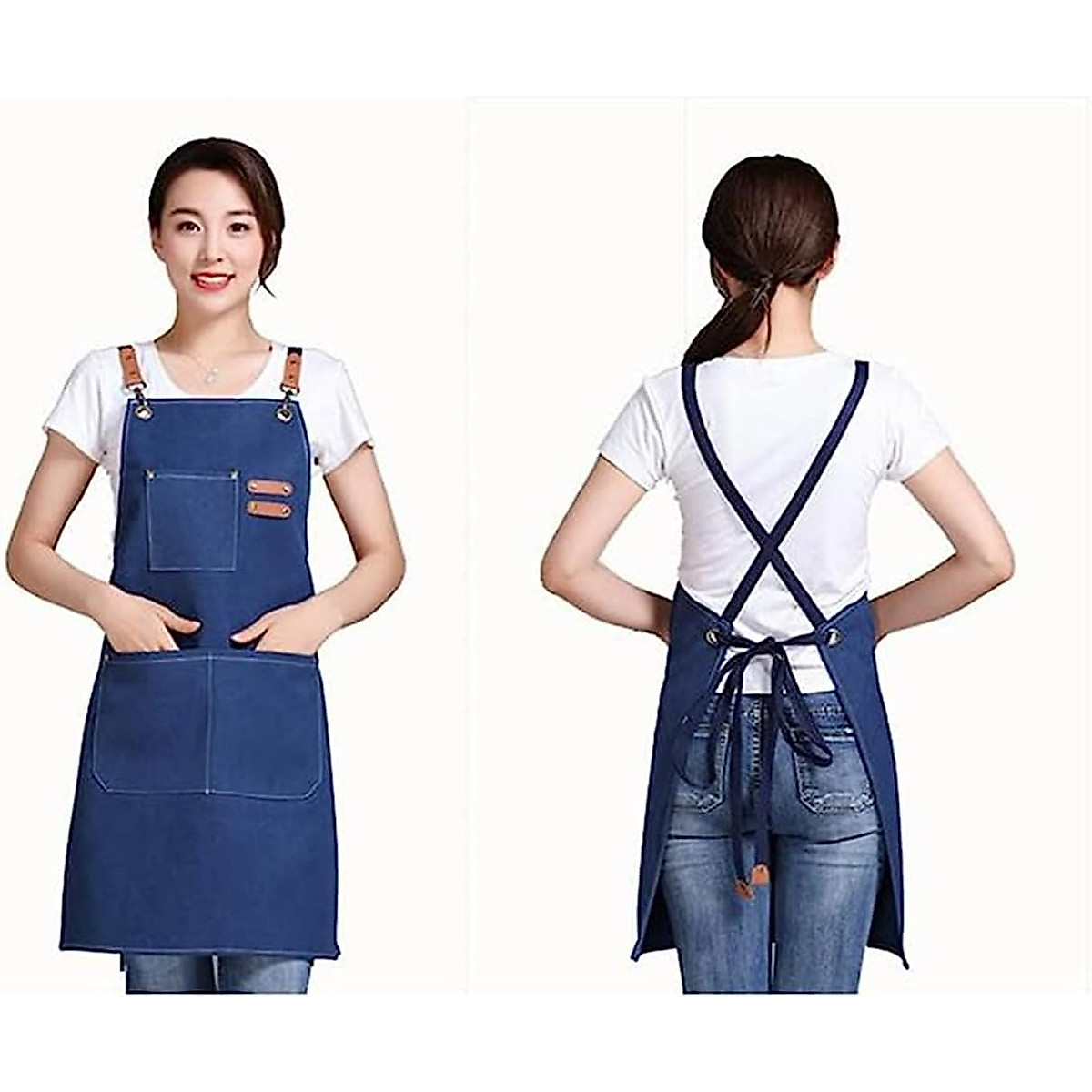 Cotton Canvas Apron Cross Back Apron with Pockets for Women and Men,Kitchen Cooking Baking Bib Apron Chef Apron (Blue)