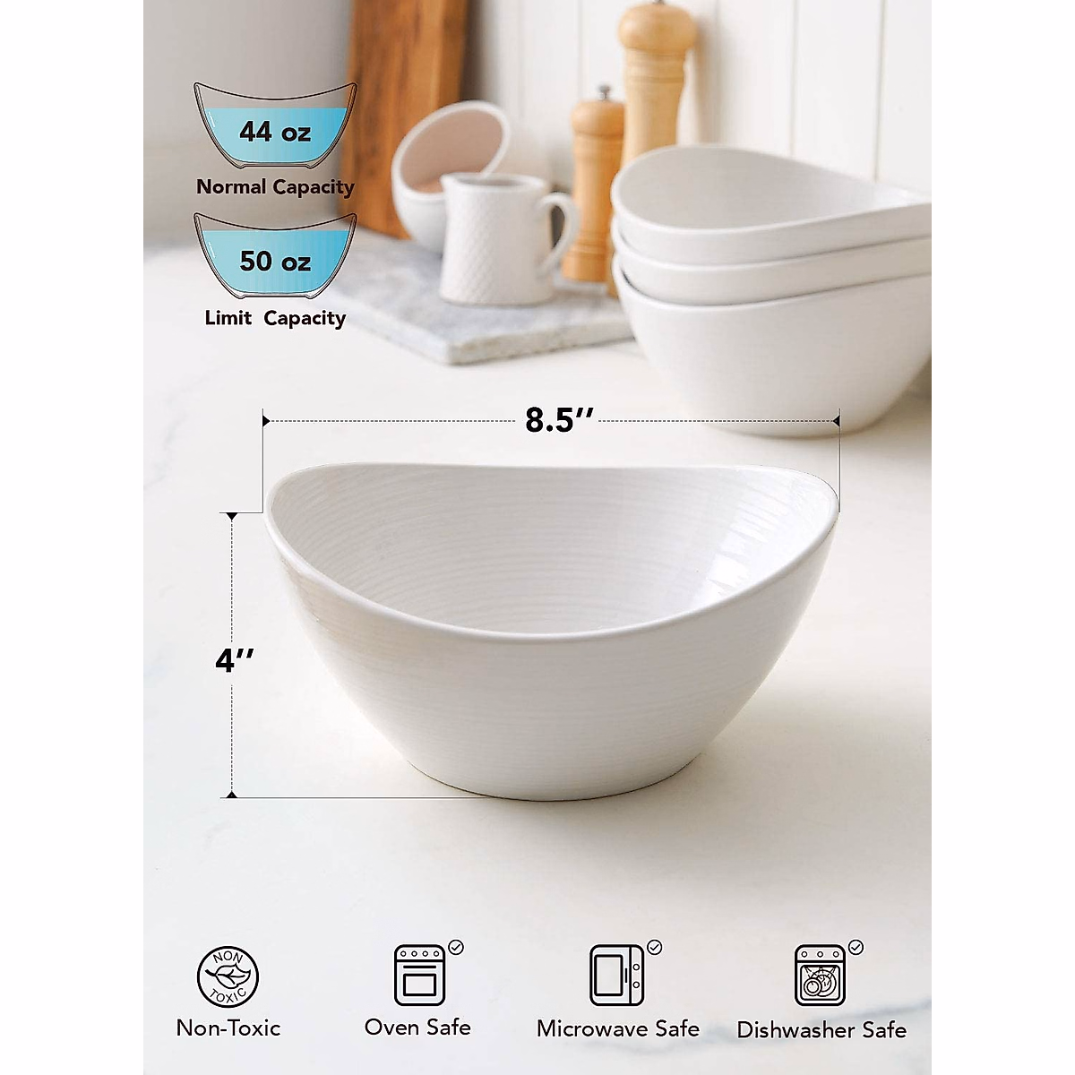 LE TAUCI Salad Bowls 44 Ounce, Ceramic Kitchen Serving Bowl Sets for Pasta, Cereal, Popcorn, Snack, Oven Dishwasher & Microwave Safe - 8.5 inch, Set of 4, White