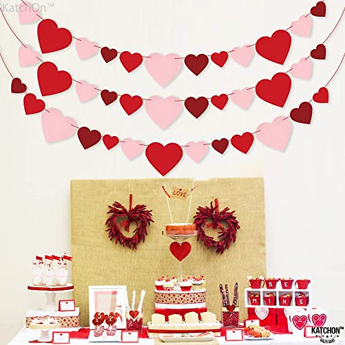 Felt Red Valentines Heart Banner - No DIY Required, 3 Strings | Red Heart Garland for Romantic Decorations Special Night | Heart Decorations, Valentines Day Garland for Valentines Day Decorations