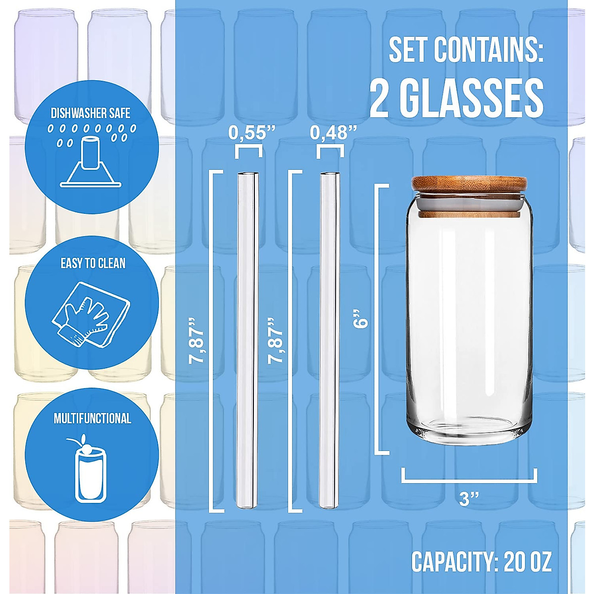 Huge Estate 20 oz Drinking Glass Cups Can Shaped - Set of 2 with 4 Glass Reusable Straws and Bamboo Lids for Iced Coffee Boba Tea Cocktails Beer Wine Water Dessert Glasses Pack of 2 Ideal Gift