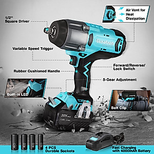 DURATECH 20V 1/2 Inch Cordless Impact Wrench, 600 Ft-Lbs, Brushless Motor, 5 Settings, Fast Charge 4.0Ah Li-ion Battery, Sockets Included