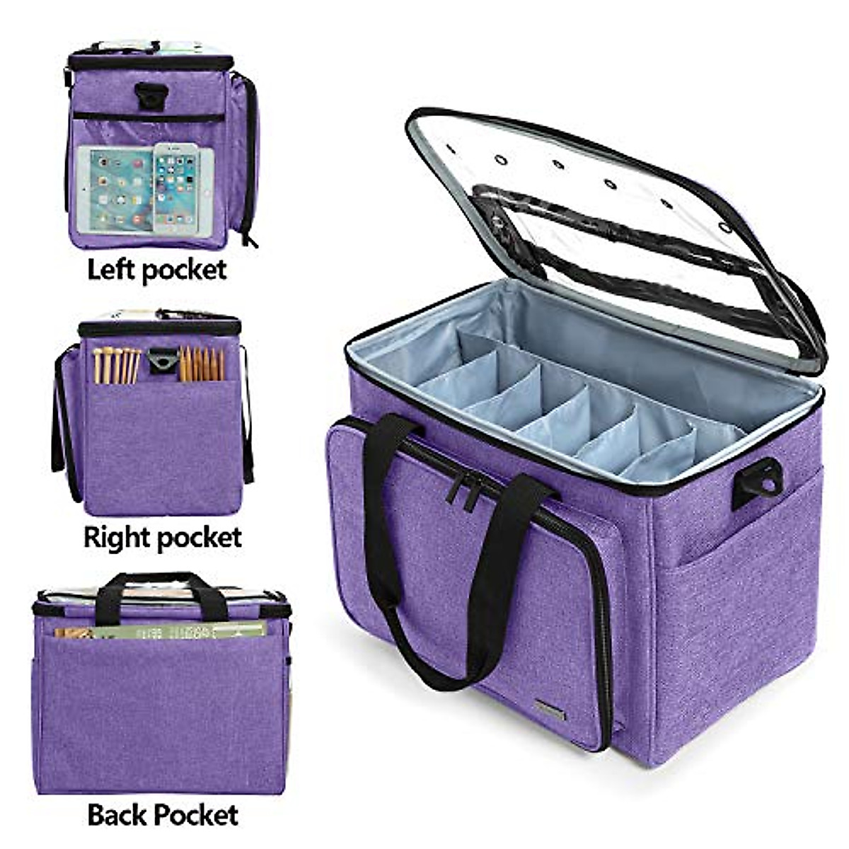 Teamoy Knitting Bag, Yarn Tote Organizer with Inner Divider (Sewn to Bottom) for Crochet Hooks, Knitting Needles(Up to 14”), Project and Supplies, Purple -No Accessories Included
