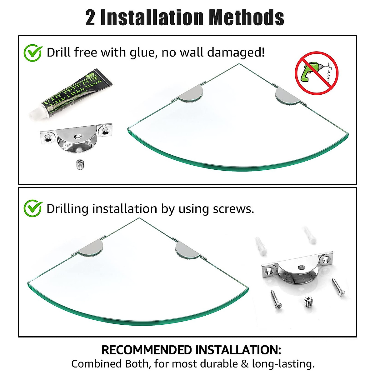 FesGif 2 Pack Glass Corner Shelf for Bathroom Shower Caddy Basket Shelf Shampoo Holder Storage Organizer No Drilling Adhesive Wall Mounted Bathroom Shelf Floating Extra Thick Tempered Glass Shelves