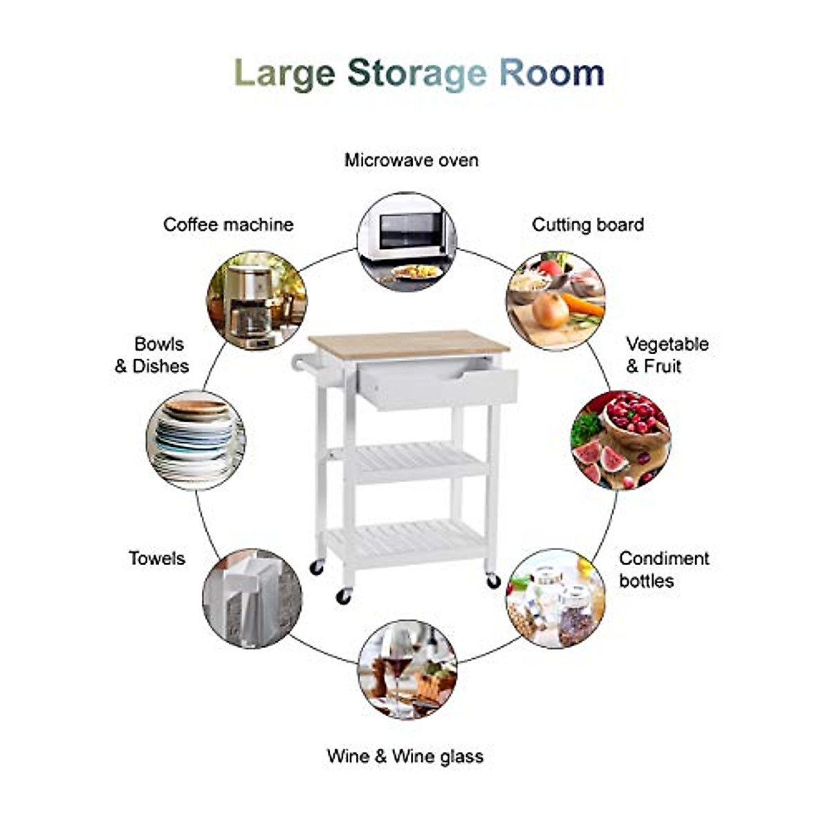 conifferism White Multipurpose Utility Cart,Butcher Block Kitchen Island on Wheels with Drawer, Farmhouse Islands with Storage Shelf for Small Places