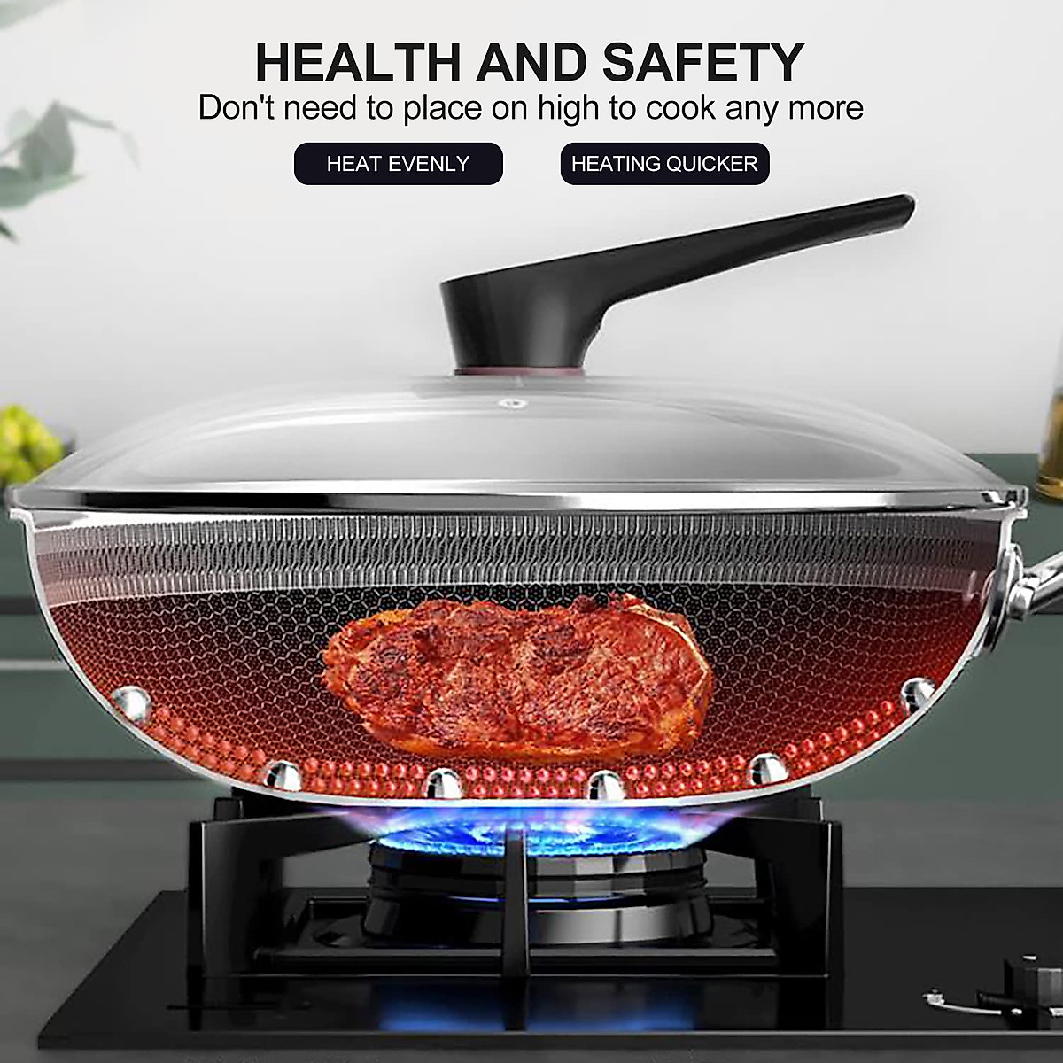 316L Stainless Steel Non Stick Wok Pan with Lid,12.6 Inch Saute Pans Nonstick Stir Fry Pan suit for Induction Cooktop, Gas, Ceramic and Electric Stove,Safe for Dishwasher and Oven,Stay-Cool Handle