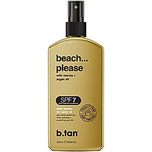 b.tan SPF 7 Deep Tanning Dry Spray | Beach... Please SPF 7 Tanning Oil - Get a Deep Beach Bronze & Golden Tan, Deeply Nourishes Skin from Marula & Argan Oil, Includes a Touch of Self Tan for an Extra Kick, Vegan, Cruelty Free 8 Fl Oz
