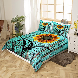 Adults Rustic Farmhouse Floral Duvet Cover Queen Country Butterfly Sunflower Bedding Set For Women Men Retro Grunge Turquoise Barn Door Comforter Cover Spring Nature Flower Botanical Bed Set 3 Pcs