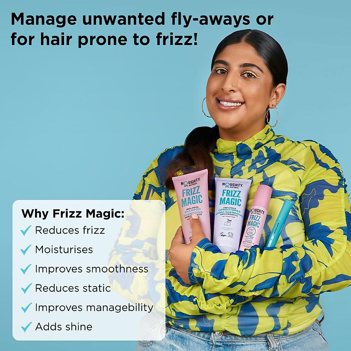 Noughty 97% Natural Frizz Magic Conditioner, Anti Frizz Cleanser for Frizzy and Curly Hair to Smooth and Shine with Marula Oil and Daikon, Sulphate Free Vegan Haircare 250ml