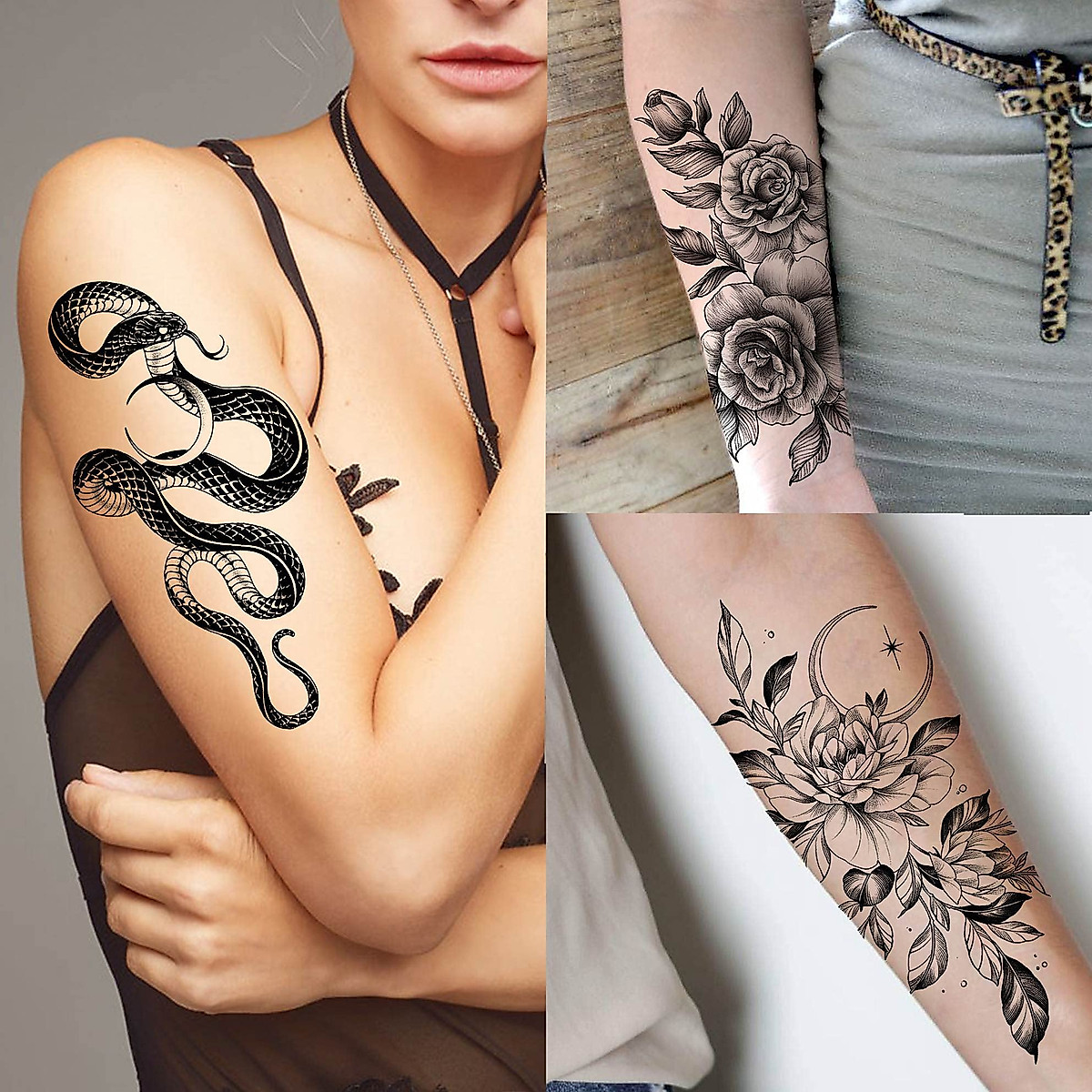 Bilizar 64 Sheets Long Lasting Flower Temporary Fake Tattoos For Women Arm Neck, Jellyfish Sunflower Moon Rose For Adults Girl, 3D Temp Realistic Snake Tatoo Stickers Serpent Peony Floral Kids
