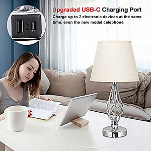 Touch Table Bedside Lamps Set of 2, Nightstand Lamps with USB C Ports and White Linen Lampshade, Bedroom Lamps with Spiral Cage Base Design, 3 Way Dimmable Table Lamps for Bedroom and Living Room