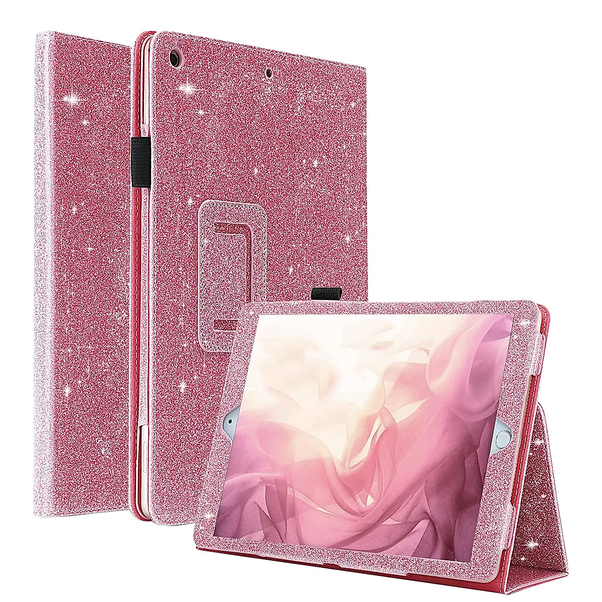 CLARKCAS Case for iPad 9th Generation Case 2021/iPad 8th Gen 2020/iPad 7th Gen 2019 Glitter Leather Girls Protective Cover with Pencil Holder Stand for iPad 9/8/7 Gen 10.2 inch 2021/2020/2019 Pink