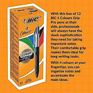 BIC 4 Colours Grip Pro Retractable Medium Point (1.0 mm) Ballpoint Pens, 12 Pens and Each Pen Contains 4 Colours