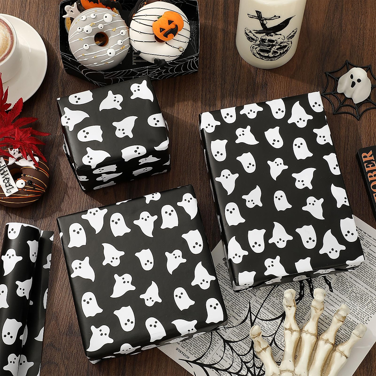 JarThenaAMCS Halloween Wrapping Paper -Mini Roll- 17in x 32.8Ft Spooky Ghost Gift Wrap Paper for Halloween Birthday Party Wrapping Supplies