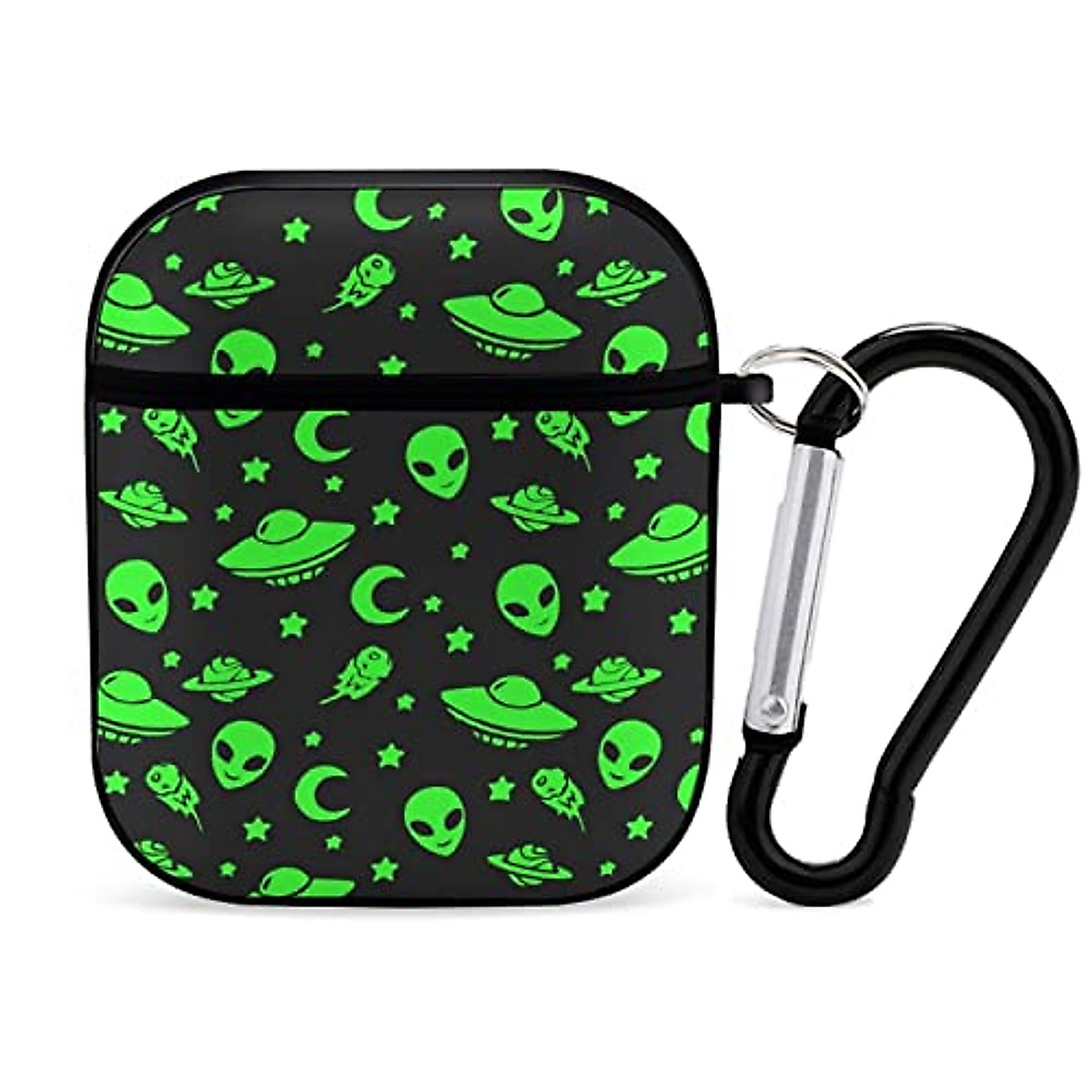Airpod Case Soft Silicone Flexible Skin Alien Funny Spaceships Planet Green Black Case Cover for Apple AirPods 2&1 Fashion for Girls Boys with Keychain