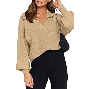 CHYRII Women Casual Overized Puff Long Sleeve V Neck Knitted Polo Pullover Sweater Jumper Tops Apricot S