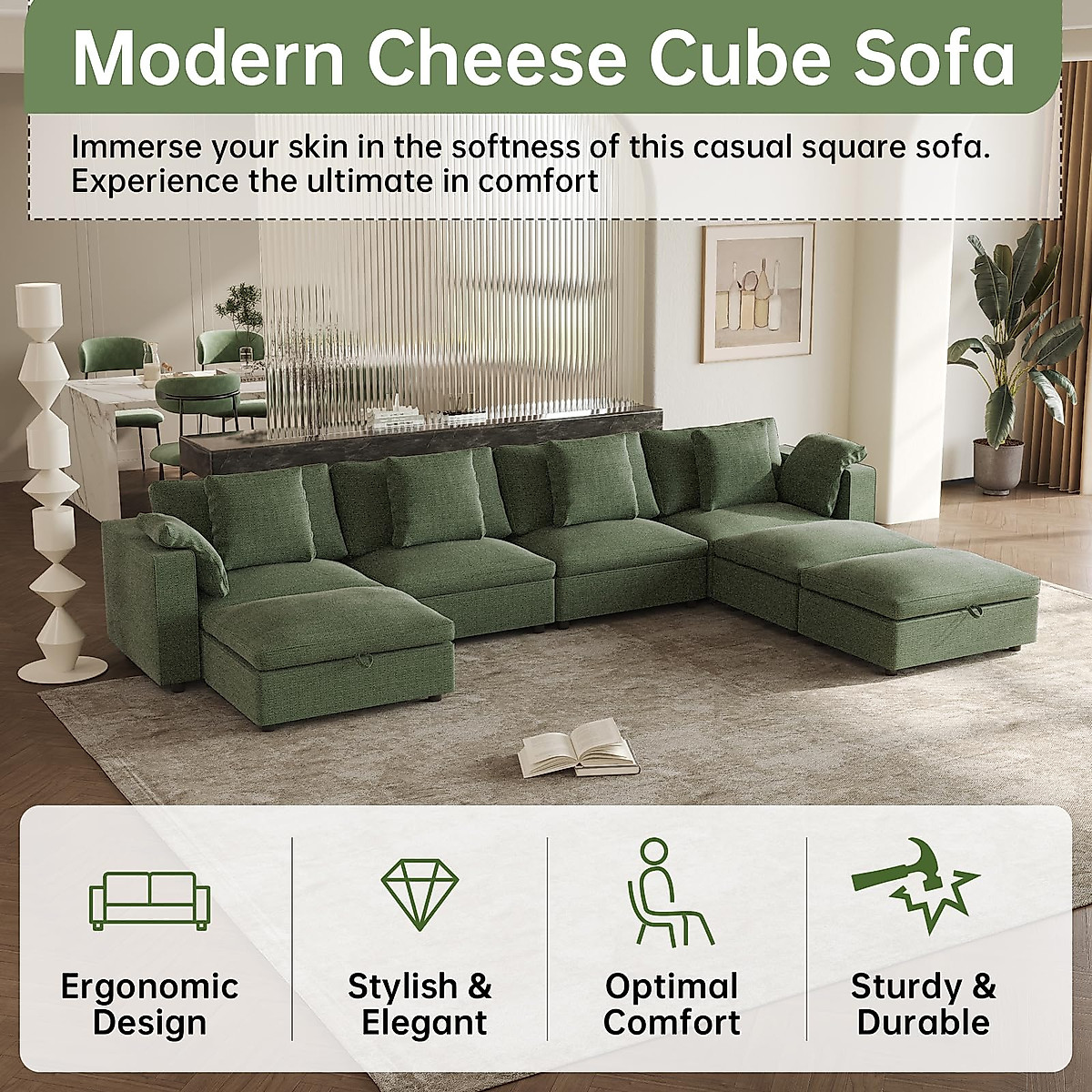 Guyii Sectional Sofa Couch, Modern Luxury Oversized 4-Seater Green Sofa with Storage Ottoman, Convertible Sofa with Back Cushions, L-Shaped Sofa for Living Room, Apartment, Home