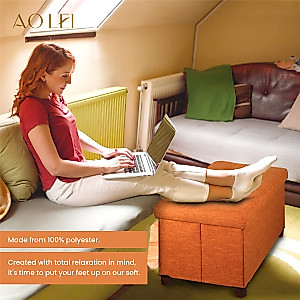 Ao Lei 30 Inches Storage Ottoman Bench, Storage Bench with Wooden Legs for Living Room Ottoman Foot Rest Removeable Lid for Bedroom End of Bed, Linen Fabric, Orange