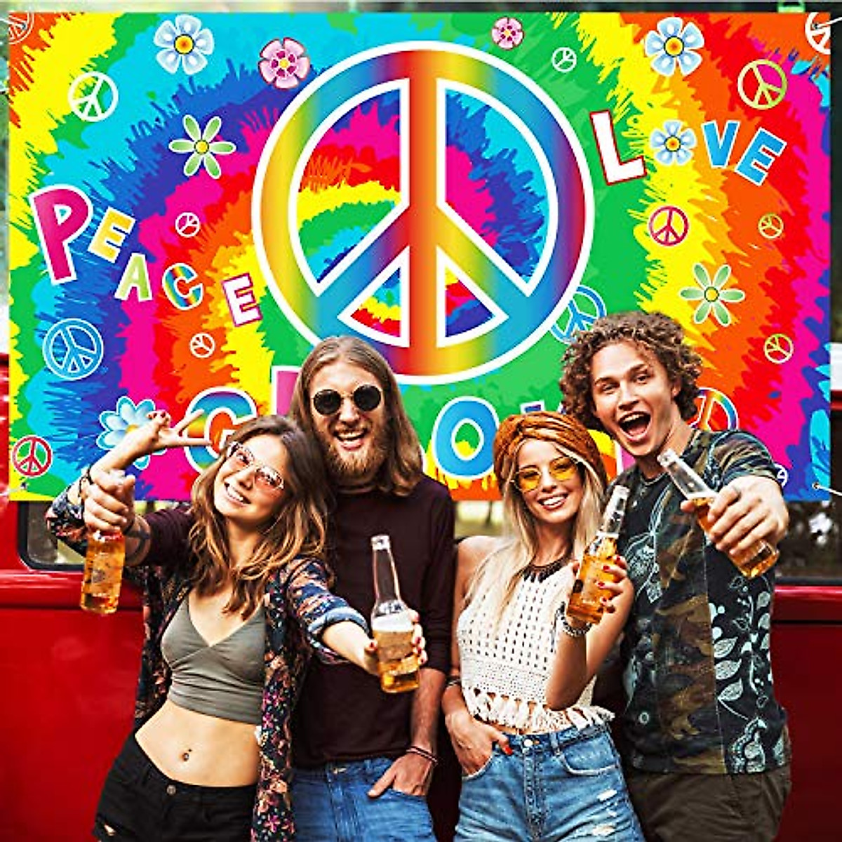 60's Carnival Groovy Decoration Banner Hippie Theme Party Photography Background 60's Party Scene Setters Groovy Wall Decoration Kit Peace and Love for Large Party Supplies 72.8 x 43.3 Inch