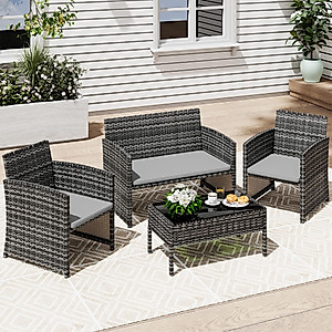 LHBcraft 4-Piece Patio Furniture Set Outdoor Wicker Rattan Chairs and Loveseat with Cushions and Glass Table for Garden, Backyard, Balcony, Porch, or Poolside - Grey and Grey
