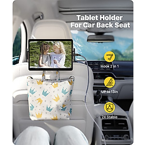 Bakel Portable Electronic Device Mount, Black, Compatible with iPhone, iPad, 6"-10" Tablets, 4.7"-8" Cell Phones, Fits Headrests 5.2in-5.7in Wide, Never Shakes, Hook 2 in 1