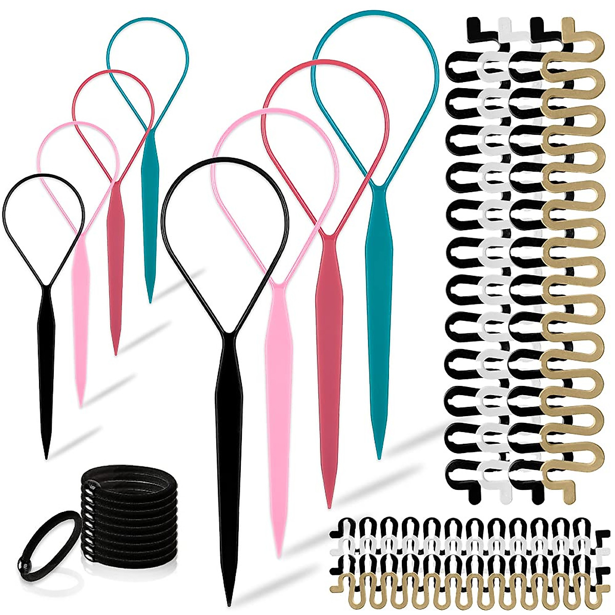 TsMADDTs Hair Braiding Tools Set, 8PCS Topsy Tail Tools, 8PCS French Centipede Braiders for French Twist Plait Ponytail, 10PCS Black Hair Ties Bulk