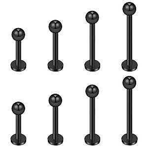 Ruifan 4prs(8pcs) 16G 316L Stainless Steel 3mm Ball Labret Monroe Lip Tragus Helix Earring Stud Barbell Ring Body Piercing Jewelry Kit Bar Length 6mm/8mm/10mm/12mm(Black)