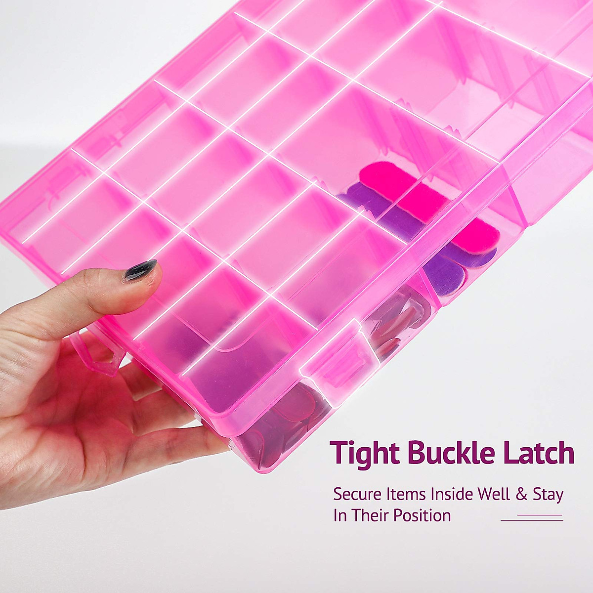 False Nail Container, Cosics Bright Pink 36-Gird Plastic Nail Art Organizers Storage Box with Adjustable Dividers, False Jewelry Diamonds Charms Nail 3D Decorations Manicure Accessory Holder Case