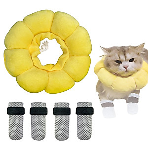 GSYUWIH 5Pcs Cat Mittens to Prevent Scratching and Cat Cone Collar Soft,Cute Cat Recovery Collar,Adjustable Breathable Cat Shoes,Ideal for Post Surgical Recovery and Nail Trimming in Cats