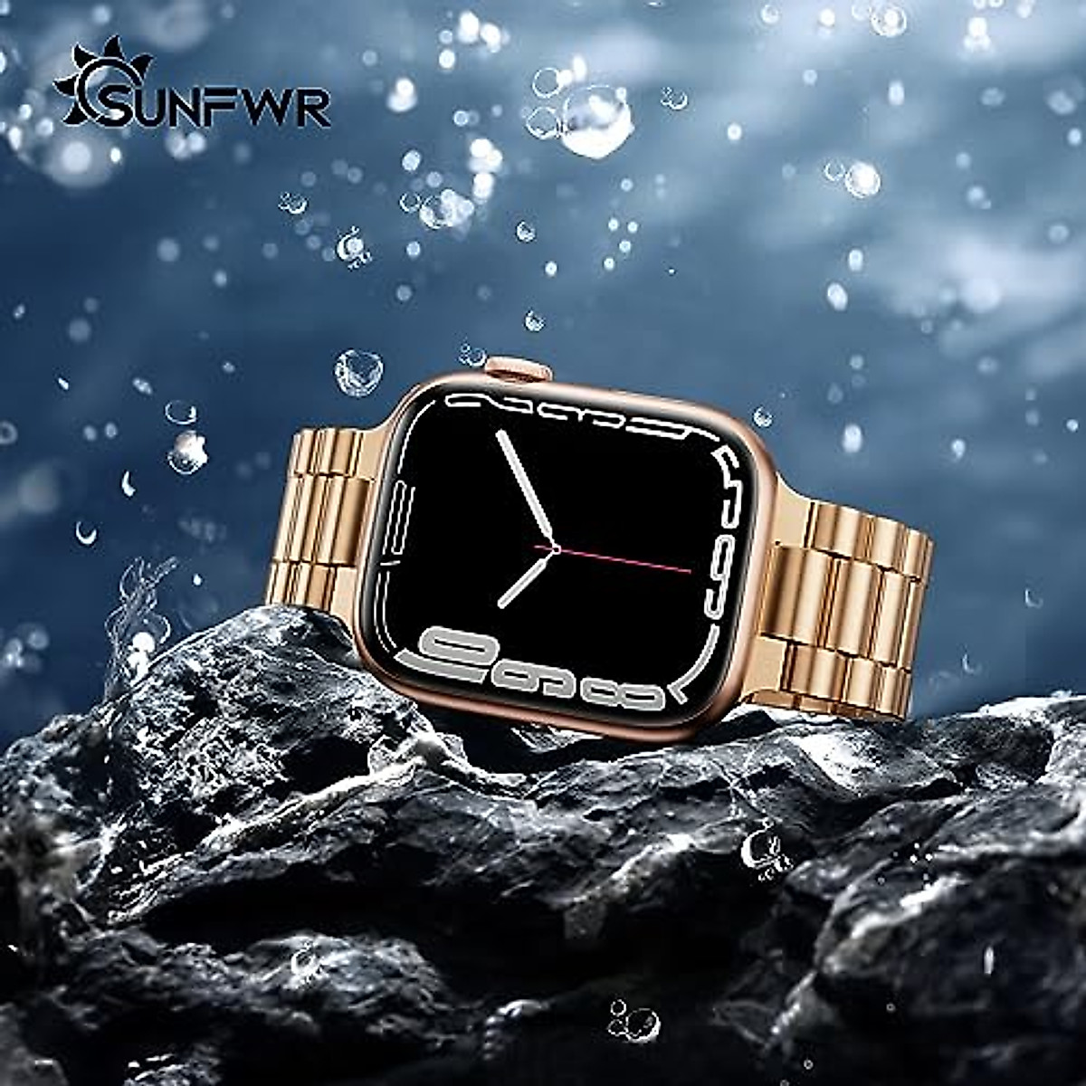 SUNFWR Compatible with Apple Watch Band 45mm 44mm 42mm for Men Women, Stainless Steel Metal iWatch Band with Case for Apple Watch Series 8/7/6/5/4/3/2/1/SE/SE2 (Rose Gold, 42mm/44mm/45mm)