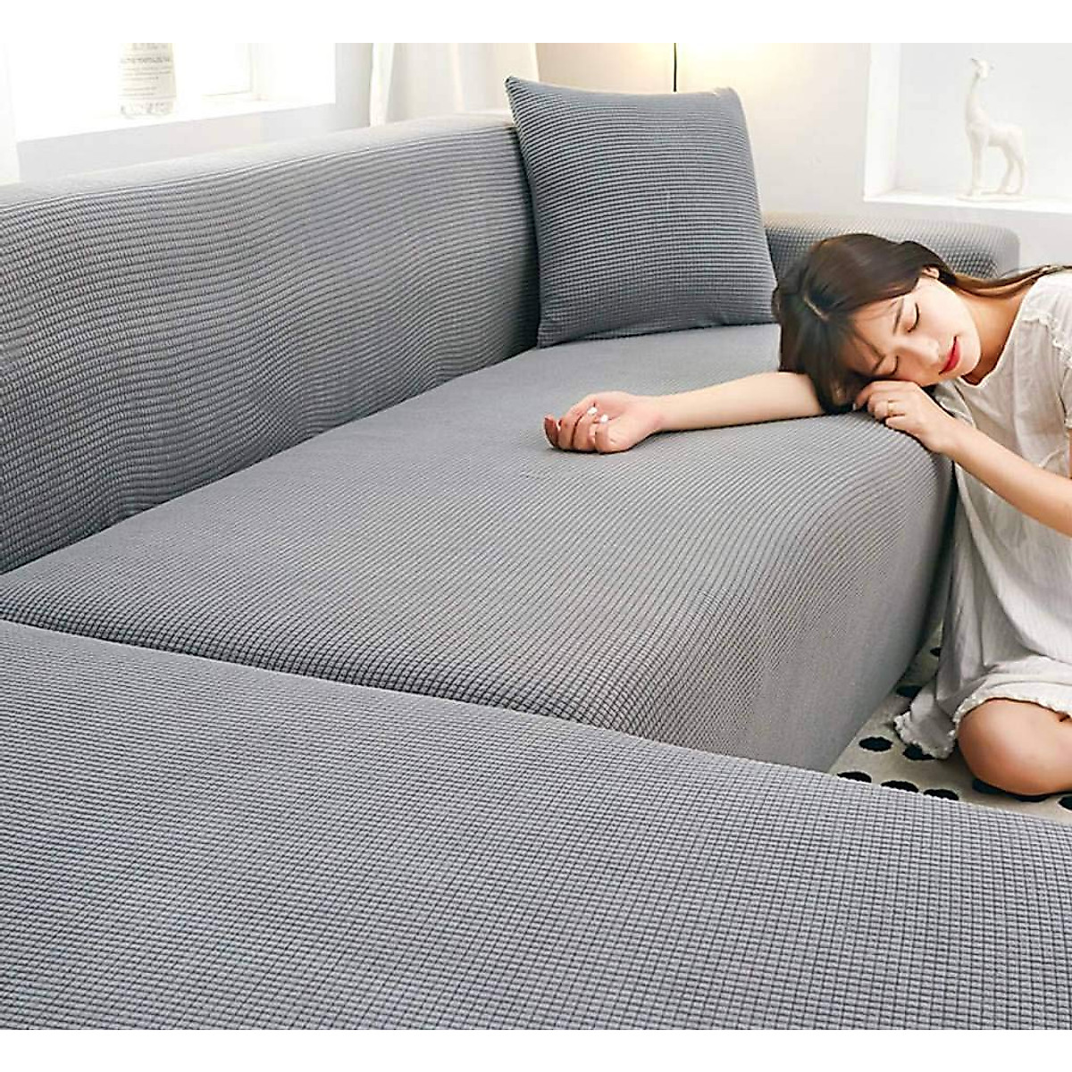 IMYOGI High Stretch Sofa Covers Sofa Cover 5 Seater, L Shape Slipcover Easy Stretch Fit Elastic Fabric Couch Sofa Protector Slip Cover Washable-4 Seater+4 Seater-Sky Blue