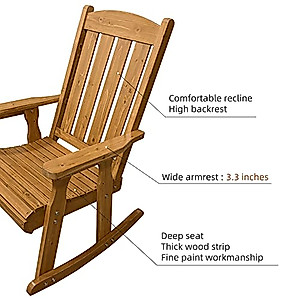 Wooden Rocking Chair with Comfortable Backrest Inclination, High Backrest and Deep Contoured Seat, Solid Fir Wood, Heavy Duty 600 LBS, for Both Outdoor and Indoor, Backyard, Porch and Patio