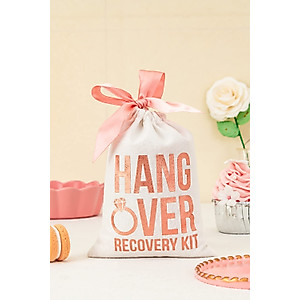 MEJOY 10pcs Wedding Party Favor Bags,Rose Gold Foil Gift Bags,HANGOVER Bags, Hangover Kit Bags for Bridal Shower Bachelorette Recovery Kit Bags Cotton Muslin Drawstring Bag (ROSE RING, 5"x7")