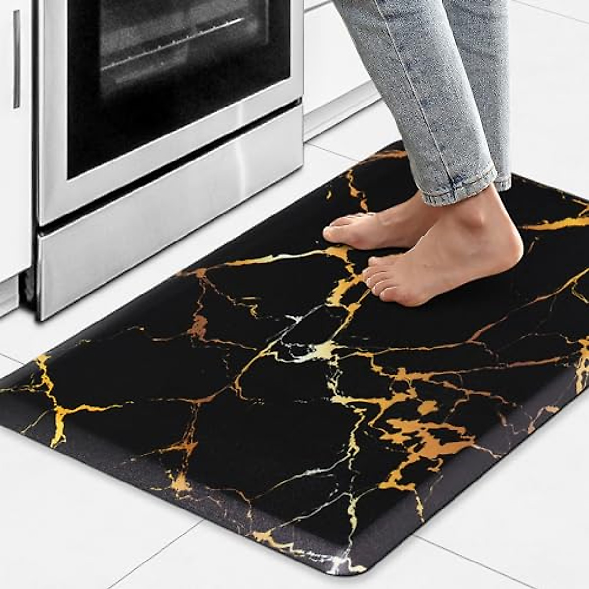 Opulentix Marble Kitchen Mat, 1/2 Inch Thick Black and Gold Waterproof Kitchen Rugs Non Slip, Cushioned Anti Fatigue Kitchen Mats for Floor Standing Desk Office in Front of Sink, 17.3"x28"