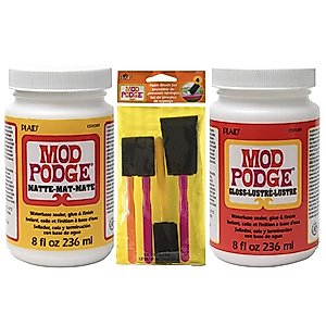 Decoupage Kit | Set 8oz Bottles of Mod Podge Waterbase Sealer/Glue/Finish (Matte + Gloss Finish) | 4pk Foam Brush Set